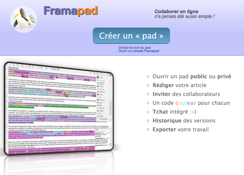 Un TPE réalisé sur Framapad